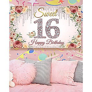 HTDZZI Sweet 16 Birthday Decorations, Rose Gold Happy 16th Birthday Backdrop Banner for Girls, Pink Floral Sweet Sixteen Party Decor, Sweet 16 Yard Sign Photo Booth Props, Fabric, 6.1ft x 3.6ft