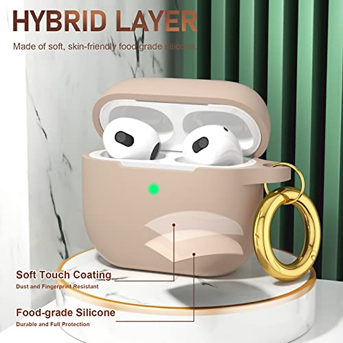 GMUDA for AirPods 3 Case, Protective Silicone Cover with Keychain, Compatible with AirPods 3rd Generation Case(2021), Front LED Visible (Tan)