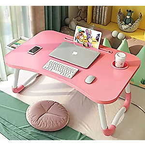 Laptop Bed Table, Foldable Laptop Desk Bed Tray with Storage Drawer, Lap Desk TV Tray for Breakfast Serving, Notebook Stand Reading Holder with Phone Slot and Cup Holder for Sofa Couch Floor-Pink