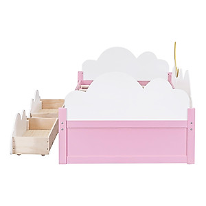 Yehha Twin Daybed for Kids, Solid Wood Bedframe w/Clouds and Moon Decor, 2 Storage Drawers, Cartoon Low Bed Frame for Boys & Girls Bedroom, Pink