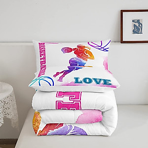 Basketball Lovers Kids Comforter Set Full Size,Modern Sports Games Competition Bedding Set,Girls Boys Adults Room Decor,Hand Painted Fashion Down Comforter,Pink Purple Duvet Insert,2 Pillowcases