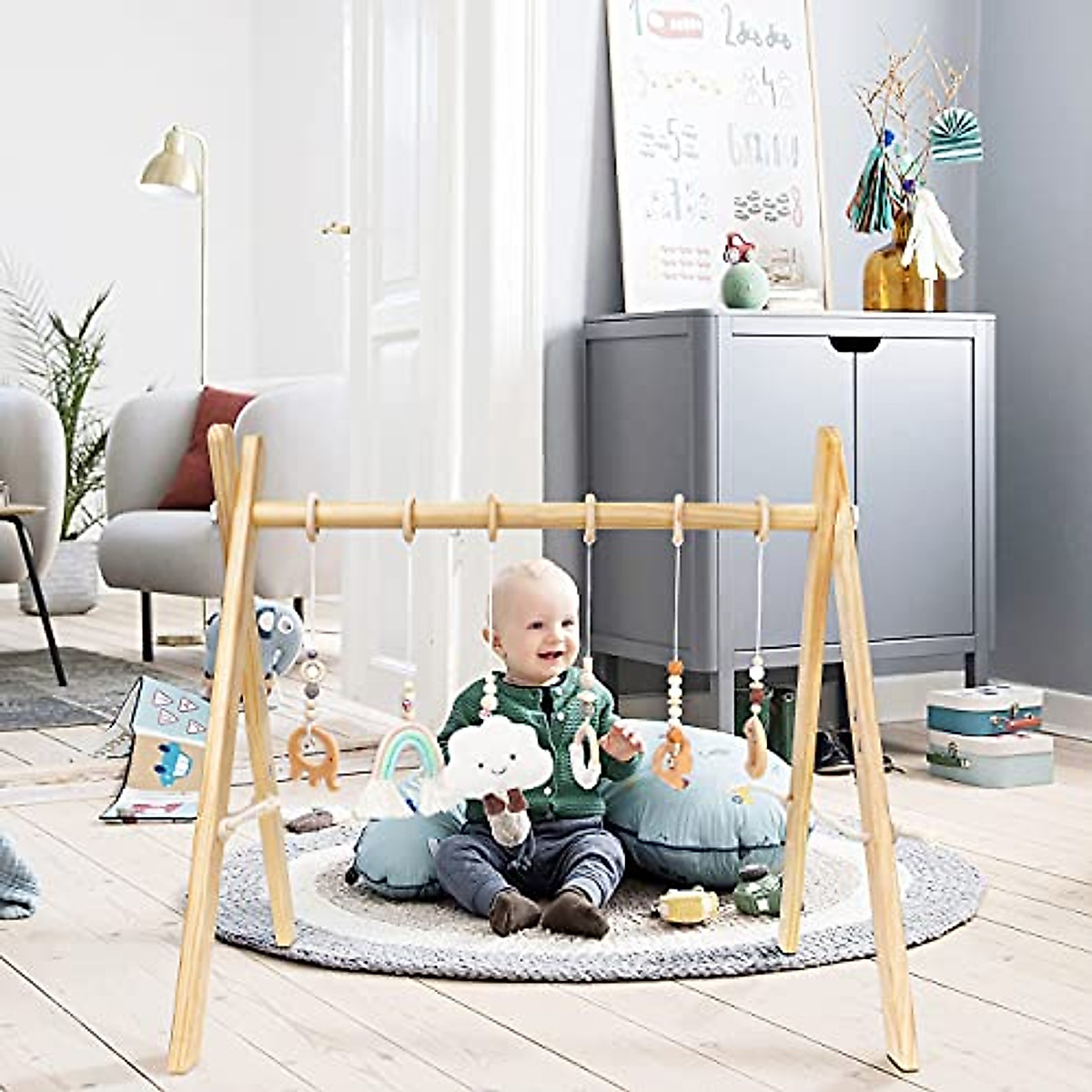 Golener Baby Play Gym Wooden Baby Gym with 6 Infant Activity Toys,Foldable Frame Hanging Bar,Toddler Activity Center with Pull Ring,Wood Gyms for Newborn Gift, Girl & Boy Shower Gift,Easy to Assemble