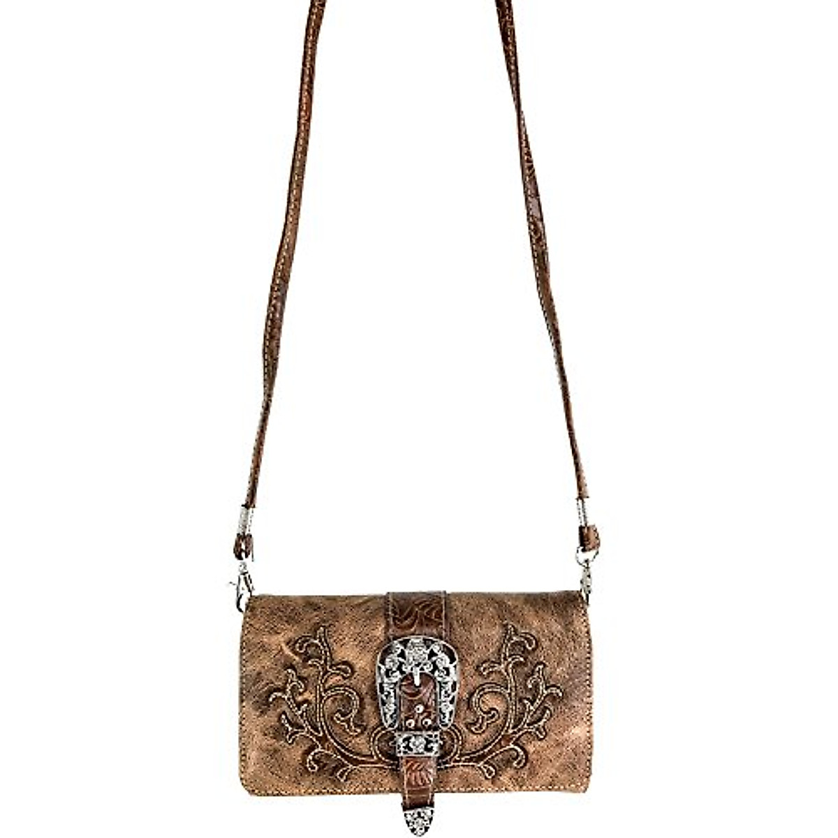 Justin West Western Studded Rhinestone Buckle Laser Cut Studded Shoulder Tote Handbag Purse Wristlet Wallet (Brown Purse and Wallet Set)