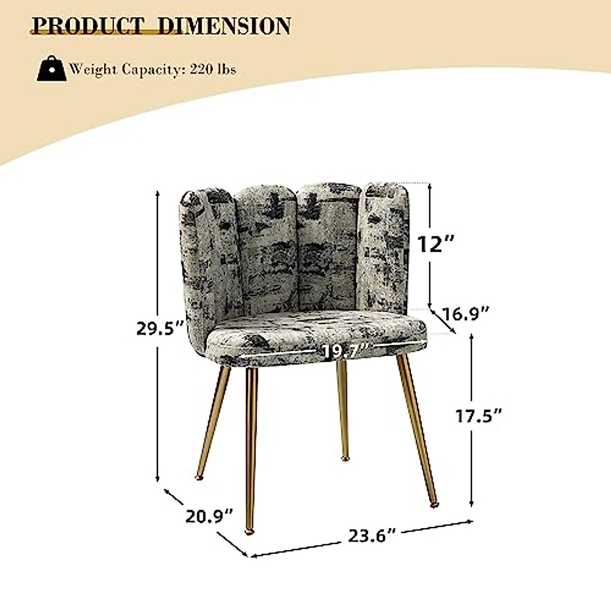 HULALA HOME Modern Dining Chairs Set of 2, Print Living Room Chair with Shell Back and Golden Metal Legs, Comfy Upholstered Cute Accent Chair for Living Room Bedroom Makeup Room Vanity, Grey