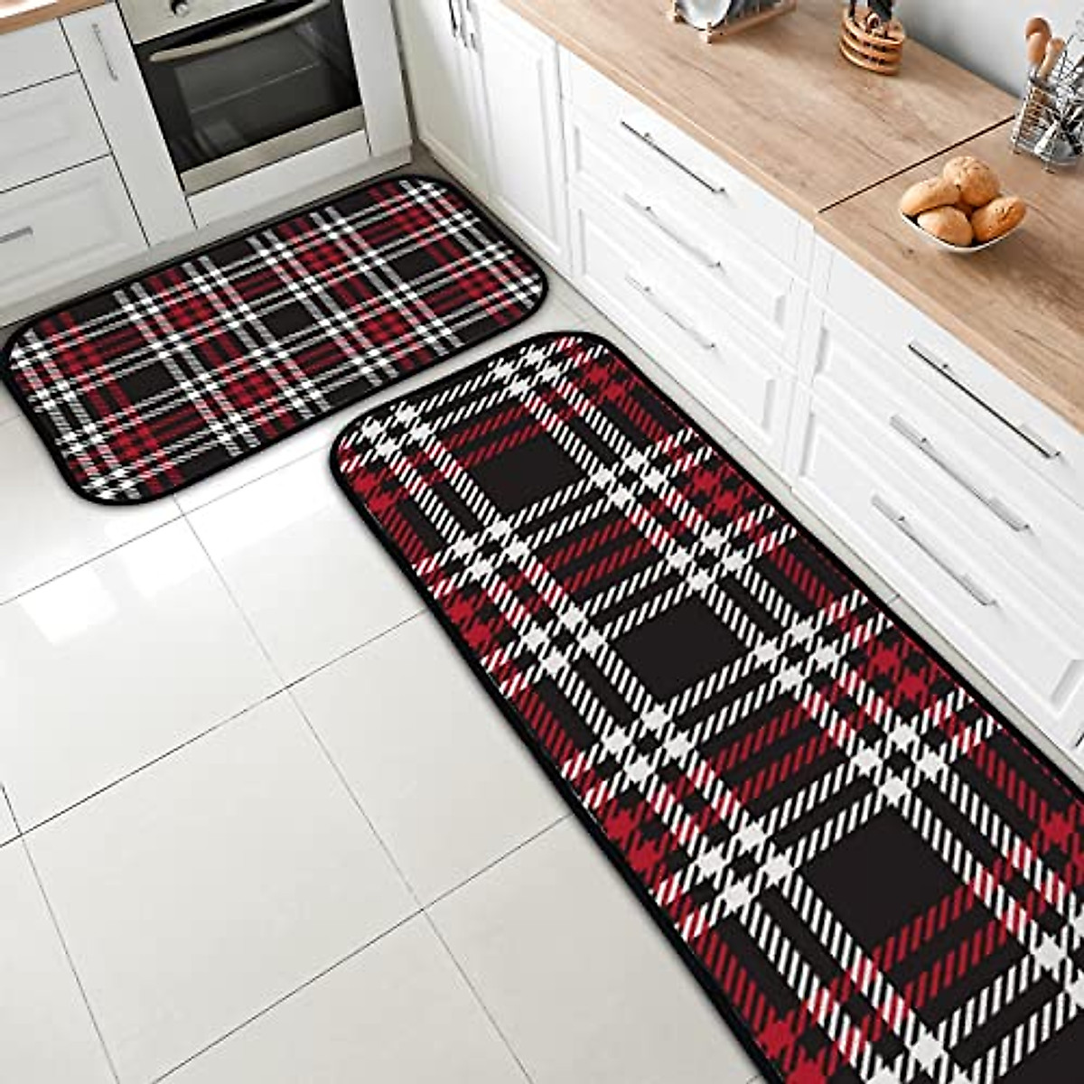 Vantaso Kitchen Floor Mat Rug Red Plaid Checkered Tartan Set of 2 Cushioned Non-Slip Comfort Runner Rugs