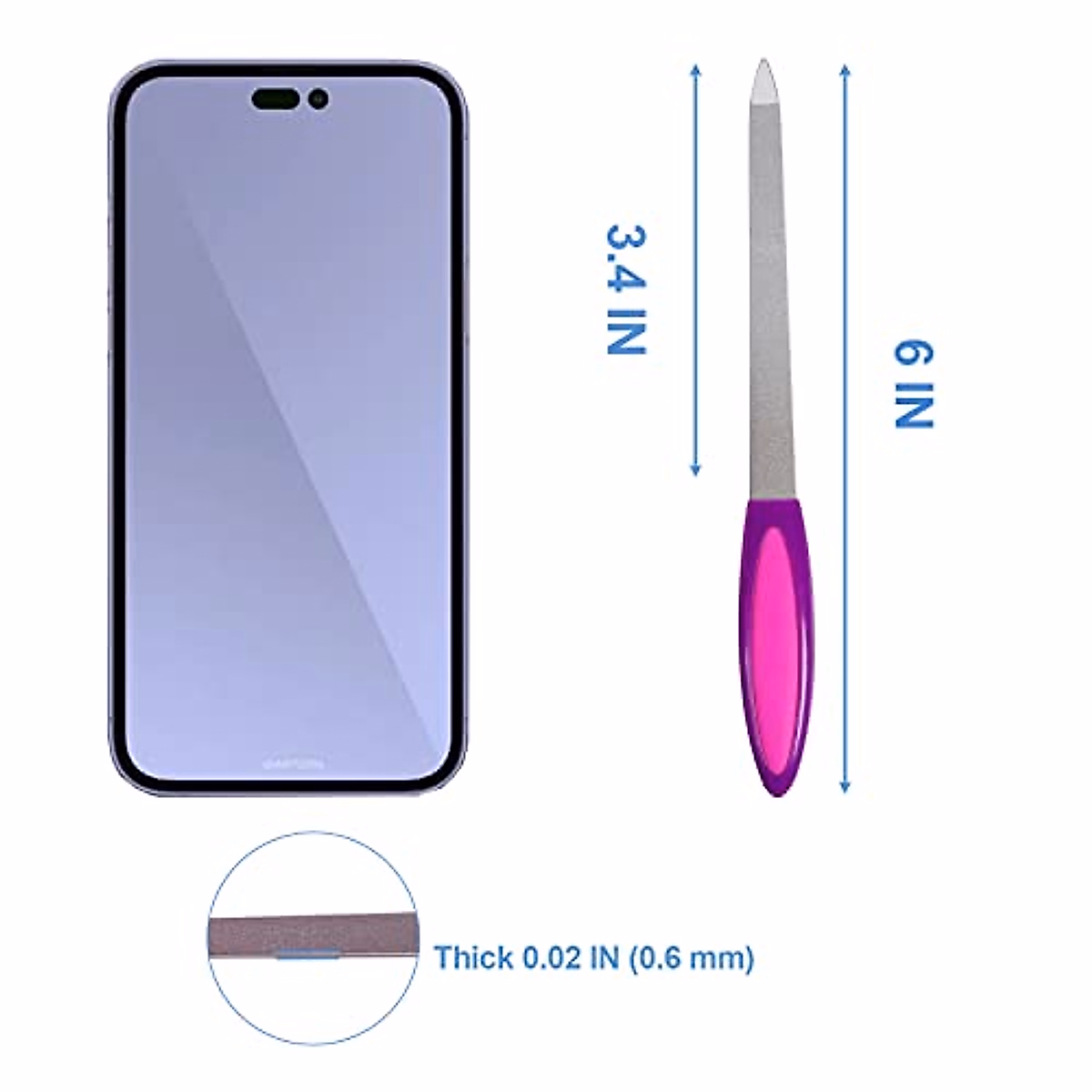 Metal Nail File (6 Pcs), Fingernail Files for Natural Nails Made of Stainless Steel Nail Files with Sharp Pointed Tip Non Slip Handle Diamond Finger Nail Filers Sapphire Grit Purple Pink