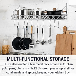 MyGift Wall Mounted Black Metal Kitchen Pots and Pans Storage Rack with Display Shelf Includes 12 Removable S Hooks