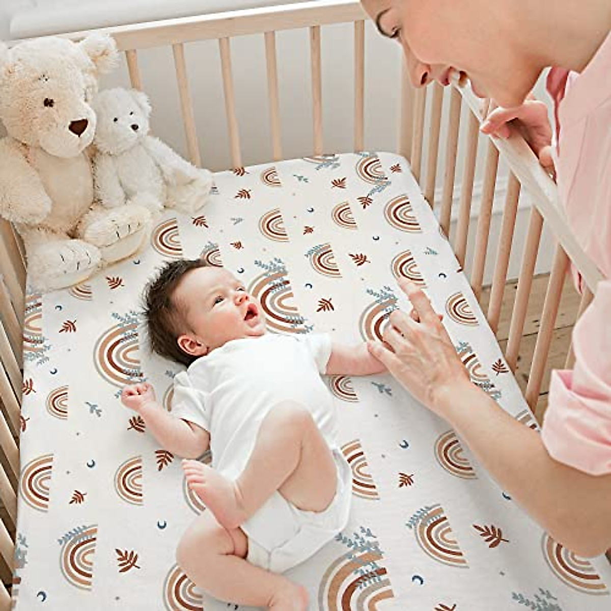 Pack and Play Sheets 2 Pack Stretchy Pack N Play Sheets with Elastic Band, Portable Mini Crib Sheets Fitted Most Standard Size Crib Mattress, Soft and Breathable Material(Rainbow and Rabbit)