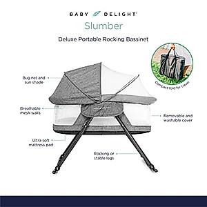 Baby Delight Slumber Deluxe Rocking Bassinet, Portable Baby Bassinet, Removable Canopy, Charcoal Tweed