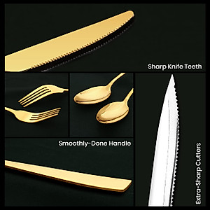 Utopia Kitchen 48 Piece Silverware Set Service for 8, Flatware Set with Steak Knives, Stainless Steel Utensil Sets, Mirror Polished Cutlery Set for Home, Kitchen, Restaurant, Dishwasher Safe - Gold