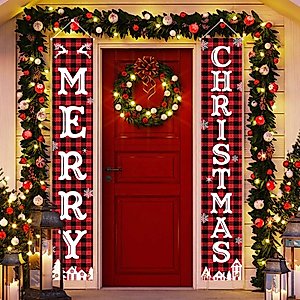 Christmas Decorations Outdoor Yard Porch Sign Set - Merry Christmas Door Banner Xmas Decorations, Red Buffalo Plaid Christmas Decor for Home,Outside,Garage Door Christmas Party Wall Decorations
