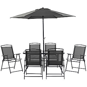 Outsunny 8 Piece Patio Dining Set with Table Umbrella, 6 Folding Chairs and Rectangle Dining Table, Outdoor Patio Furniture Set, Black