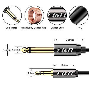 J&D 6.35mm (1/4 inch) TS to 3.5mm (1/8 inch) TRS Cable, Gold-Plated 1/4 inch Male to 3.5mm (1/8 inch) Male Mono Interconnect Heavy Duty Stereo Aux Jack Adapter Cable, 10 Feet