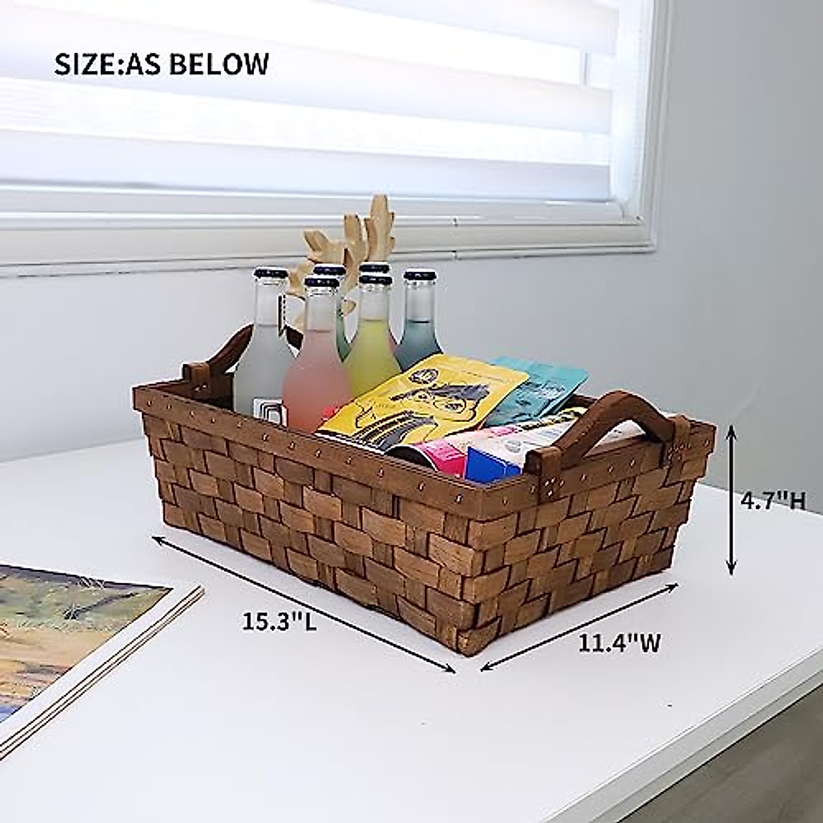 Rectangular Wooden Basket, Natural Hand Woven Storage Basket with Handles for Sundries Toys Fruits (Dark Brown)