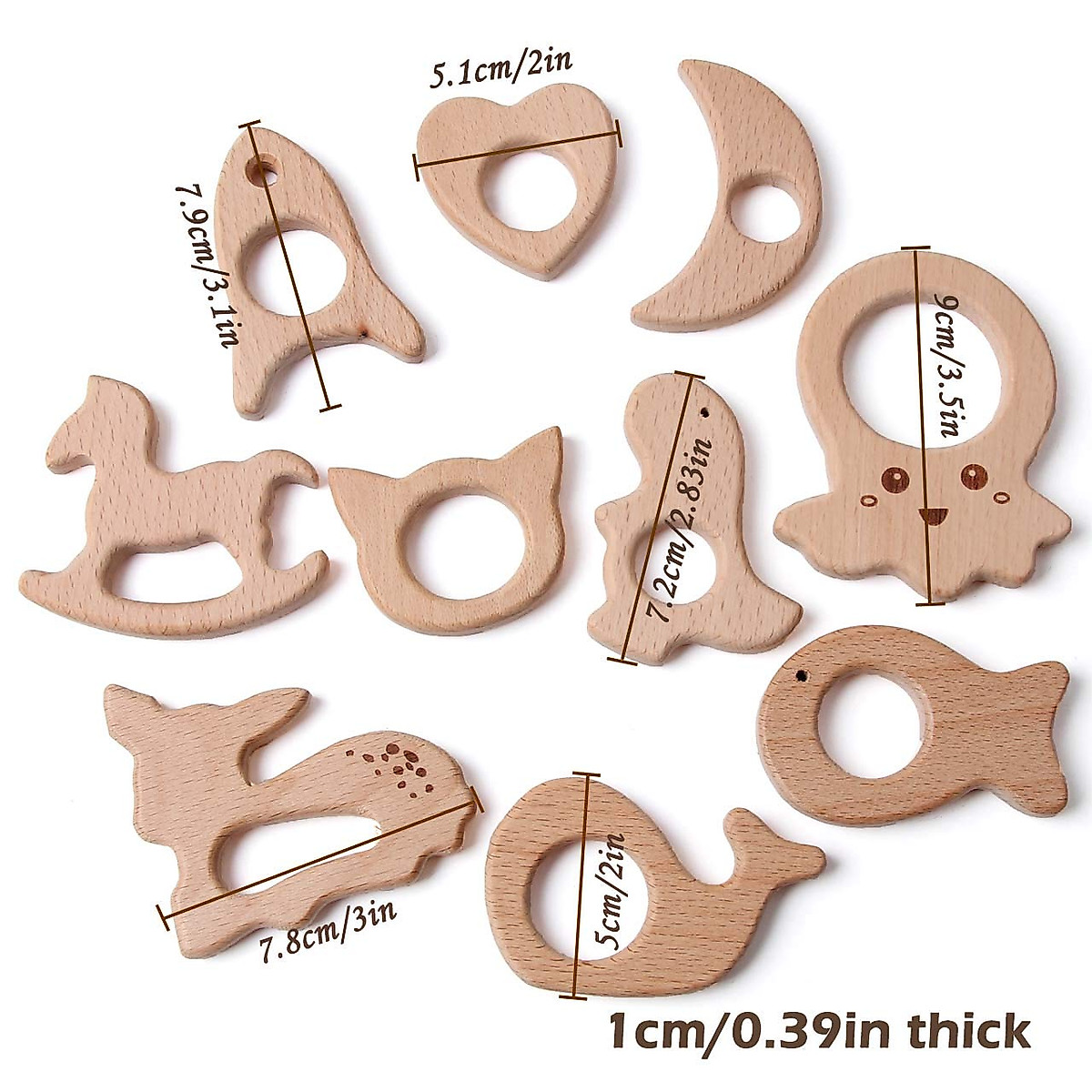 Baby Organic Wood Teether Set DIY Rattle Ring for Infant Gum Relief Grasping Toy Jewelry Holder, Rocket Heart Moon Jellyfish Hobbyhorse Bear Dinosaur Fish Deer Whale