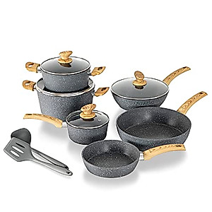 MAISON ARTS Kitchen Cookware Sets Nonstick, 12 Piece Pots and Pans Set Granite Cooking Set for Induction & Dishwasher Safe, Oven, Stovetop, Gery