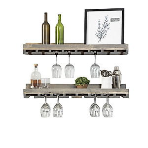 del Hutson Designs Rustic Luxe 36 Inch Farmhouse Solid Natural Pine Wood Wall Mounted Handmade Wine Glass Stemware Holder Rack, Set of 2, Grey