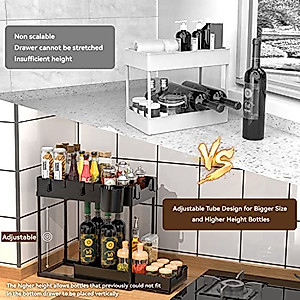 GAOLINE 2 Pack 2 Tier Under Sink Organizers and Storage with 8 Hooks, 4 Long Bulkheads, 4 Short Bulkheads & 2 Hanging Cups, Double Sliding Drawers Cabinet Basket Organizer, Up to 15 inches High, Black