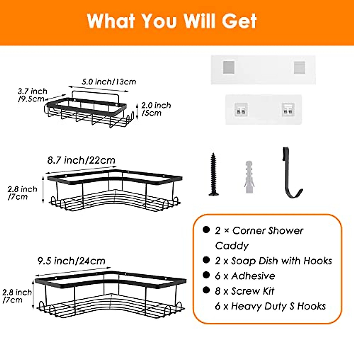Corner Shower Caddy, 4-Pack Adhesive Bathroom Organizer with Soap Holder & 12 Hooks, Shower Organizer, Rustproof Stainless Steel Shower Organizer, No Drilling Shower Shelves for Bathroom/Kitchen