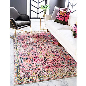 Unique Loom Monterey Collection Vintage Bohemian Inspired with Distressed Tribal Design Area Rug, 8 x 10 ft, Pink/Yellow