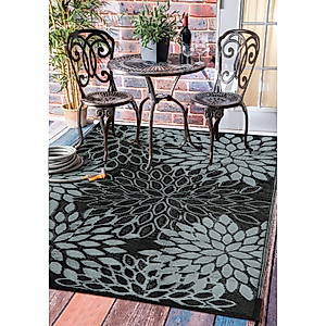 Wonnitar Plastic Outdoor Rugs 5x8,Reversible Outdoor Patio Rug Waterproof RV Camping Rug,Large Portable Outside Tropical Leaf Mat Deck Floor Carpet for Backyard Garden Balcony Picnic,Black/Grey