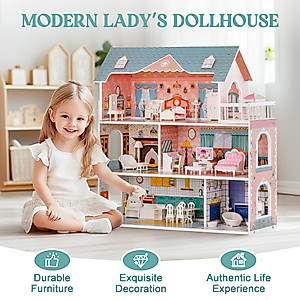 ROBUD Wooden Dollhouse for Kids Girls, Toy Gift for 3 4 5 6 Years Old, with Furniture