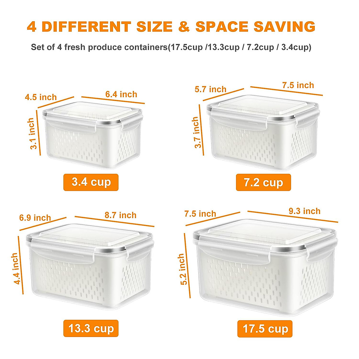 YIENOGO 4 Size Fruit Vegetable Storage Containers for Fridge with Colander and Lid Refrigerator Storage Containers Bins Organizer for Fruit Food Produce, White, YI-01F04