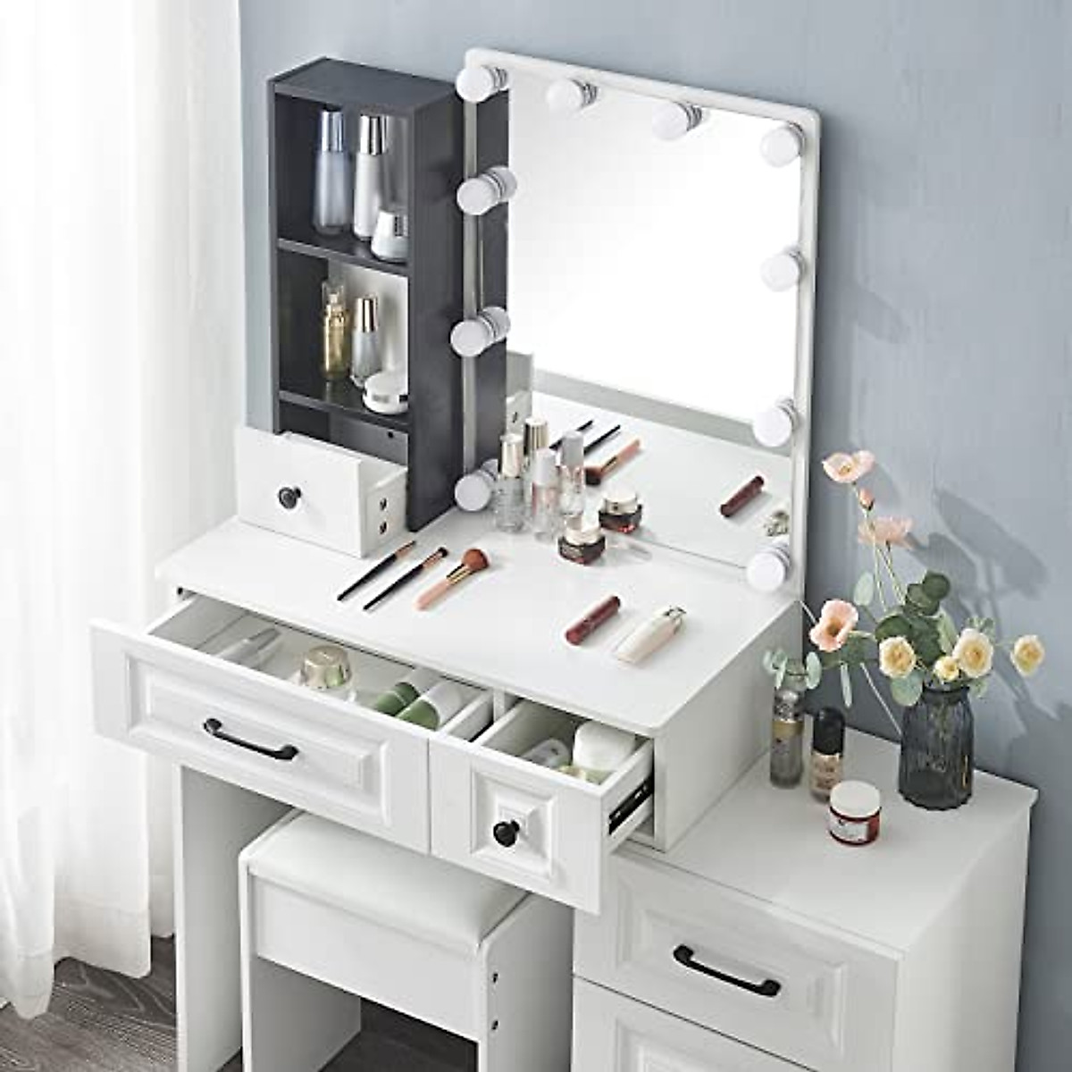 Abesthink Makeup Vanitv Table with Drawers,White Vanity with Mirror and Light Set,Vanity Desk with Drawers and Lights,Modern Vanity Table Desk with Shelves and Stool for Bedroom