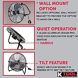 K Tool International 77722; 20 Inch, High Velocity Quick Mount Floor Fan, Converts to Wall Fan, 3- Speed Motor, 360 Degree Tilt, Ideal Fan for Home or Office, 5.5 Foot Cord, 2,989 Max CFM, Black