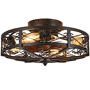 MeZeYo 20" Caged Farmhouse Flush Mount Ceiling Fan with Light and Remote Control Bladeless Low Profile Ceiling Fans with Lights Enclosed Vintage Fan 6 Speed Reversible for Kitchen, Bedroom