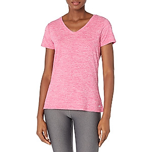 Amazon Essentials Women's Tech Stretch Short-Sleeve V-Neck T-Shirt (Available in Plus Size), Pack of 2, Charcoal Heather Space Dye/Raspberry Red Space Dye, X-Large