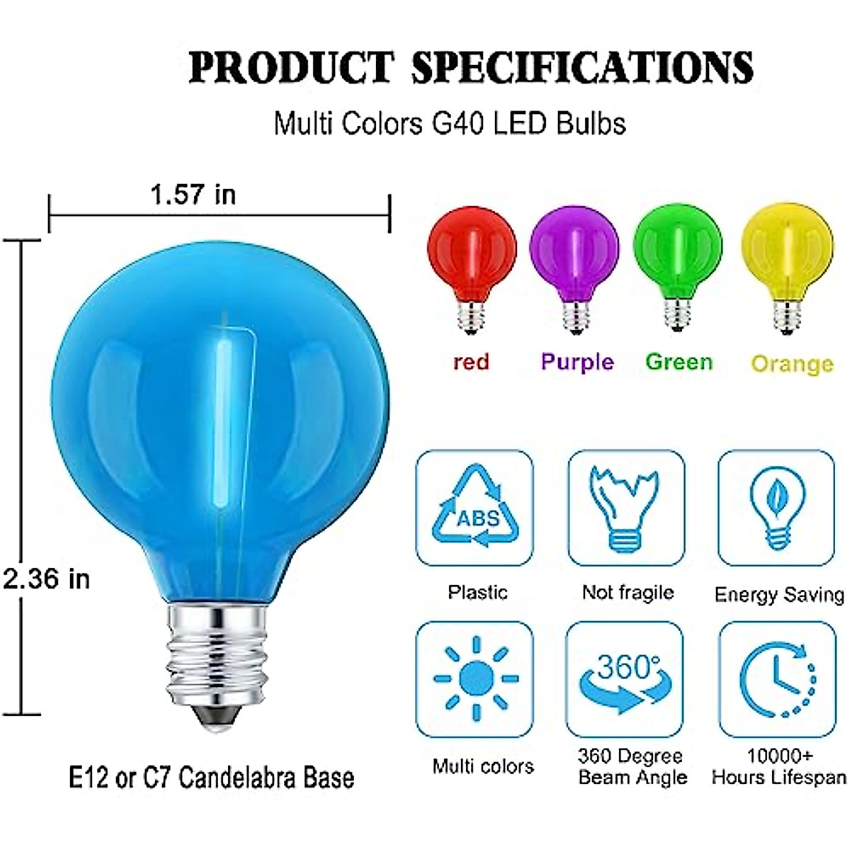Couah G40 Led Replacement Light Bulbs, E12 Screw Base Shatterproof LED Globe Multi Color Bulbs Light for Outdoor String Lights,Fits E12/C7 Candelabra Screw Base Sockets,25 Pack