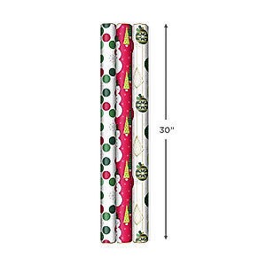Hallmark Reversible Christmas Paper (3 Rolls: 120 sq ft TTL) Retro Ornaments, Stripes Gift Wrap, Tri-Pack, Elevated Geometric