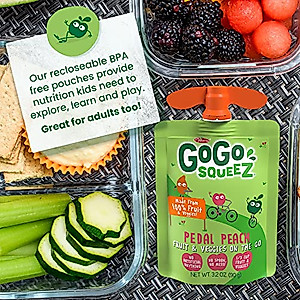GoGo SqueeZ Fruit & VeggieZ Variety Pack, Pedal Peach and Boulder Berry, 3.2 oz (Pack of 20), Unsweetened Snacks for Kids, Gluten Free, Nut Free, Dairy Free, Recloseable Cap, BPA Free Pouches