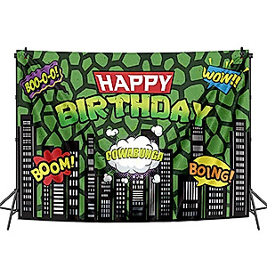 BINQOO 7×5ft Cartoon Birthday Backdrop Green American Comics Cityscape Buildings Photography Background Tortoise Boy Newborn Baby Shower Kids Decoration Birthday Party Photo Booth Prop