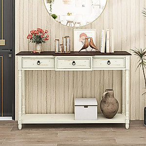 Giantex Console Table with 3 Storage Drawers - Entry Table, Rustic Farmhouse Entryway Table with Open Storage Shelf, Solid Wood Legs, Long Sofa Table for Living Room, Hallway, Narrow Console Table