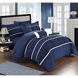 Chic Home Cheryl Comforter Complete Bag Pleated Ruched Ruffled Bedding with Sheet Set and Decorative Pillows Shams Included, Queen, Navy