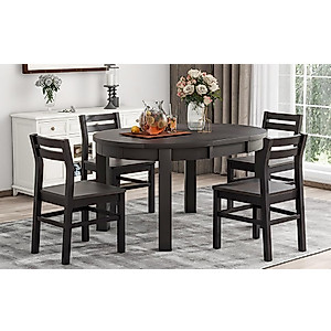 MengK Farmhouse 5-Piece Extendable Round Dining Table Set with Storage Drawers and 4 Dining Chairs,16" Removable Leaf, Espresso