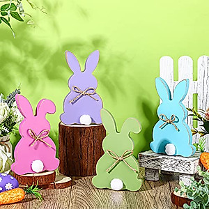 4 Pieces Easter Table Decorations Bunny Wooden Sign Spring Rabbit Wood Tabletop Block Freestanding Easter Tiered Tray Decor with Rope and Fluffy Tail Easter Decorations for Home Table Room Decor