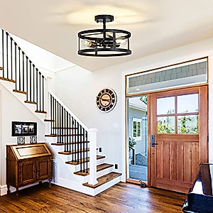 XPEHK 3-Light Semi Flush Mount Ceiling Light,Farmhouse Flush Mount Light Fixture,Industrial Ceiling Light Black Metal Cage Ceiling Lighting for Kitchen Foyer Hallway Entryway 2 Pack