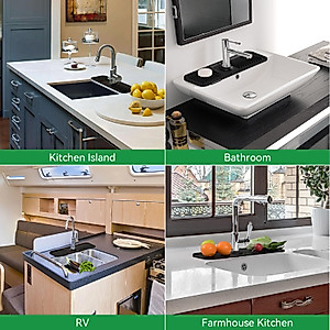 Kitchen Sink Splash Guard 17.7 * 5.5 Inch, Toovem Faucet Handle Drip Catcher Tray, Longer Silicone Sink Faucet Mat, Dish Soap Sponge Holder for Kitchen, Bathroom, Farmhouse, Bar & Rv, Black