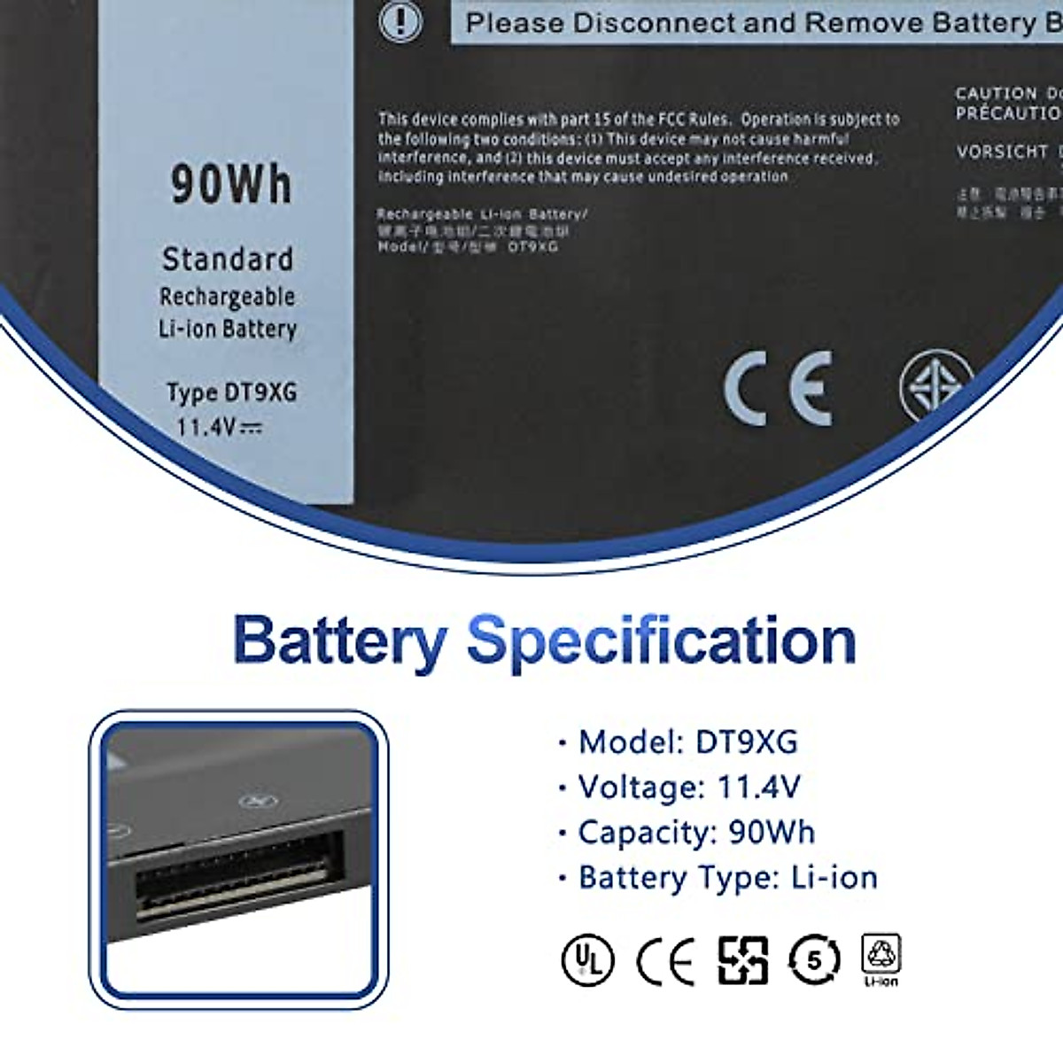 ANTIEE DT9XG Laptop Battery Replacement for Dell Alienware Area-51m R1 R2 ALWA51M-D1968W D1969PW D1746W D1733B D1735DB D1766W D1733PB D1748DW Series 07PWKV 0KJYFY 11.4V 90Wh 7500mAh 6-Cell