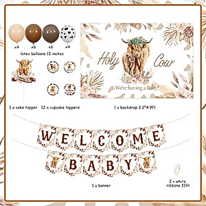 JOYMEMO Brown Highland Cow Baby Shower Decorations for Boy, Holy Cow We are Having a Baby Backdrop Decor with Welcome Baby Print Banner Cake Topper, Farm Highland Cattle Baby Shower Party Supplies