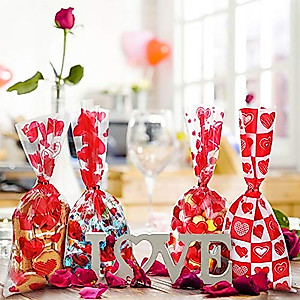 100 Pieces Valentines Day Cellophane Treat Bags Heart Cello Gift Bags Love Candy Goodies Cookie Bags with 200 Pieces Twist Ties for Wedding Holiday Valentine Party Favors Supplies