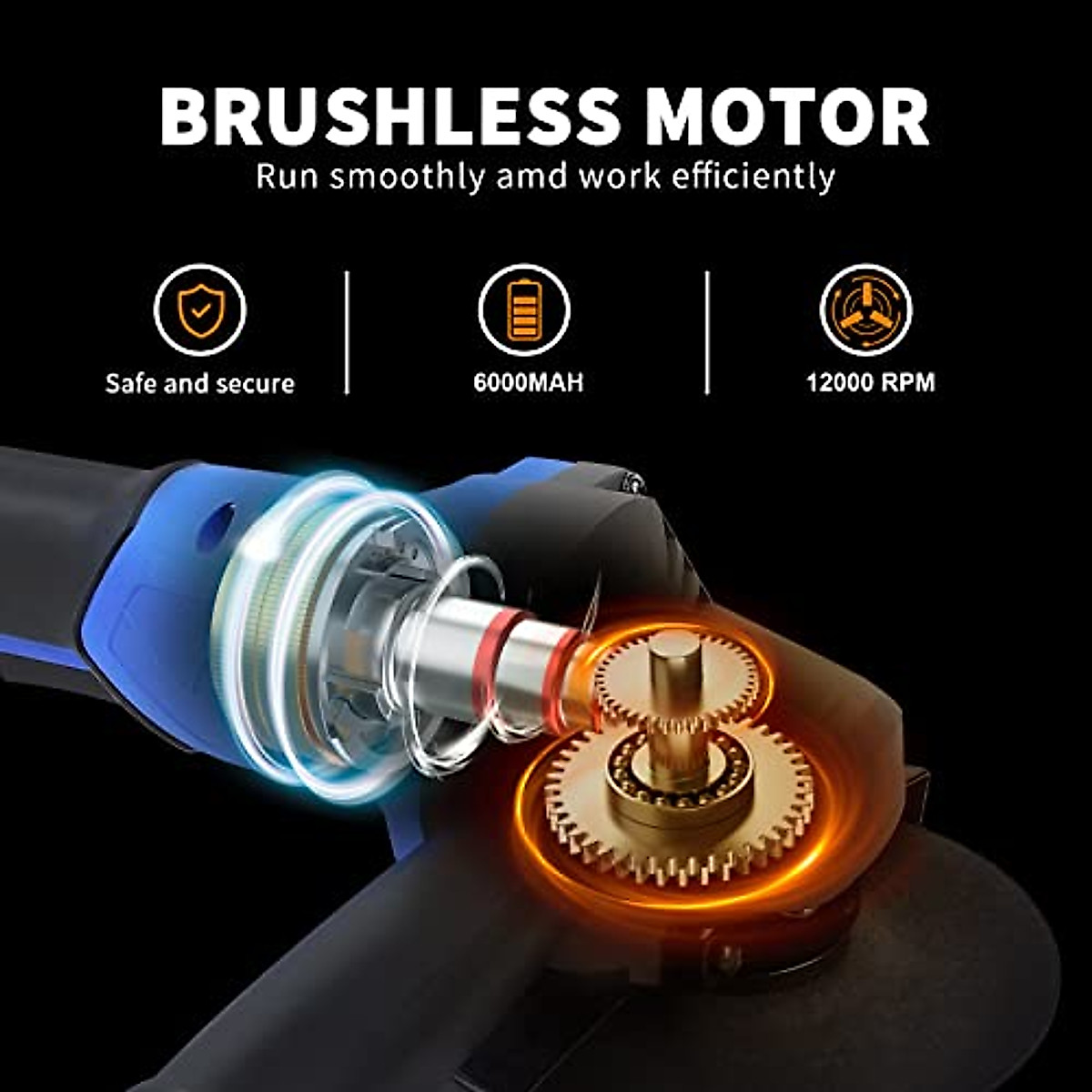 Brushless 4-1/2 Inch Angle Grinder Cordless Angle Grinder Tool with 6.0Ah Lithium-Ion Battery and Charger, 7.5-Amp 21V Electric Power Tools with Cutting Wheels, Flap Disc, for Cutting, Polishing