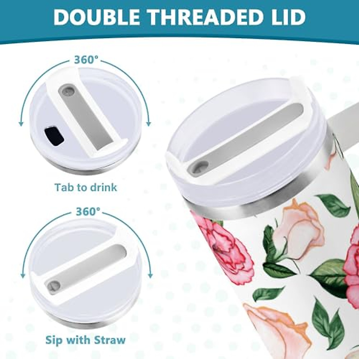 Adornlife Flower Pink Rose 30 oz Tumbler with Handle and Straw Lid, 100% Leak-proof Travel Coffee Mug, Stainless Steel Insulated Cup For Beverages, Cupholder Friendly