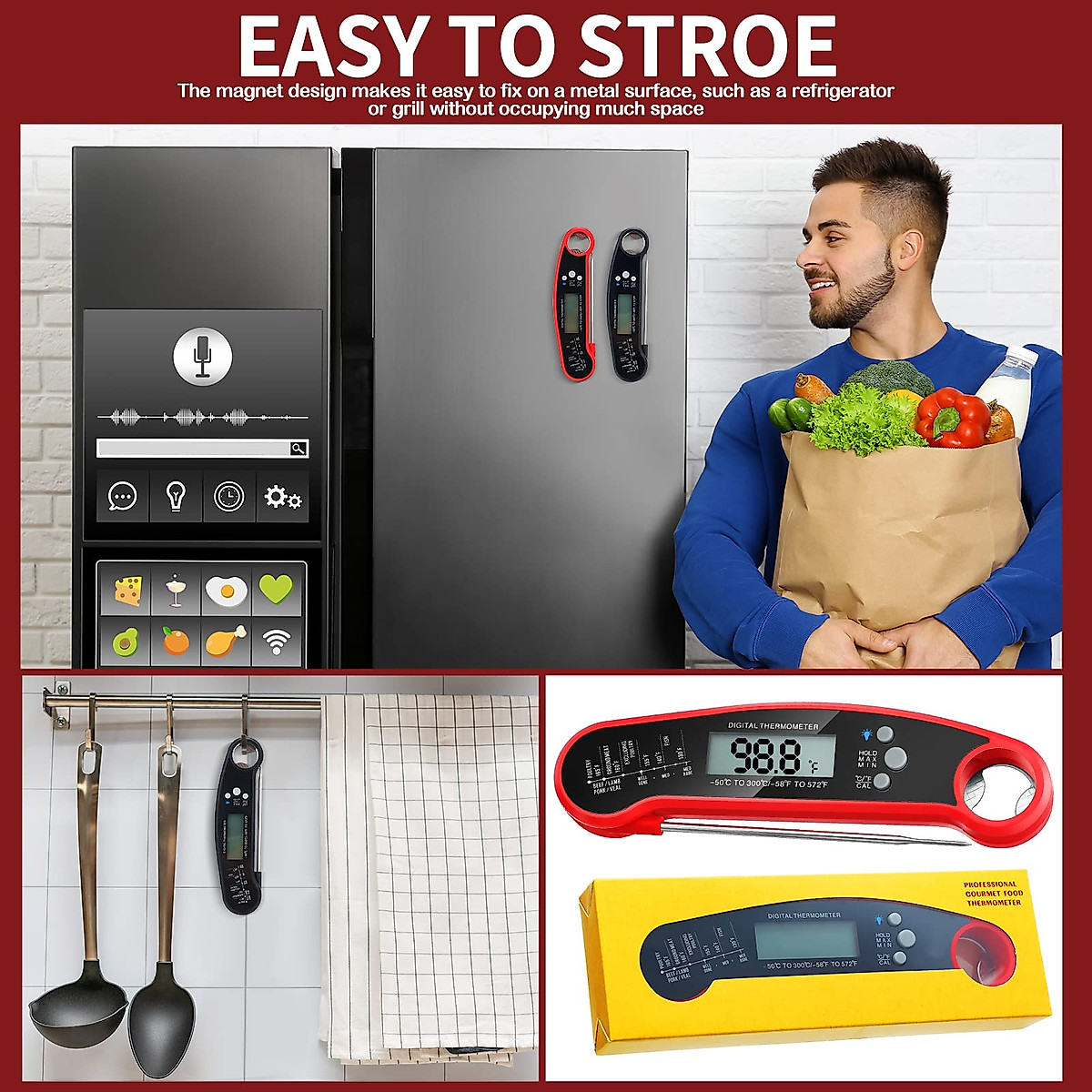 Leelosp 3 Pcs Digital Meat Thermometer with Probe Waterproof Fast Read Food Thermometer Kitchen Grilling Cooking Thermometer with Backlight Magnet and Calibration for Baking BBQ Outdoor, Red and Black