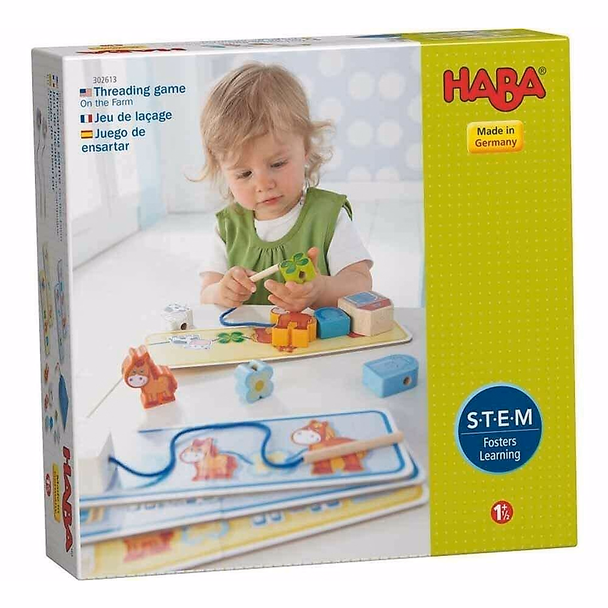HABA On The Farm Threading Game with 10 Chunky Wooden Lacing Figures & 4 Templates (Made in Germany)