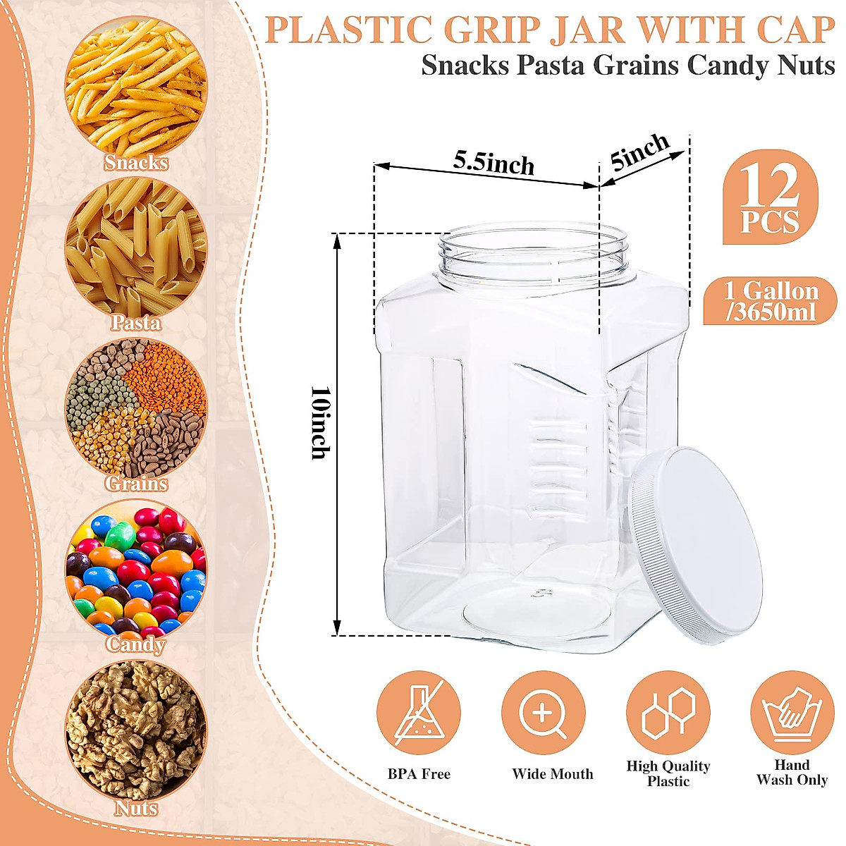 12 Packs 1 Gallon Plastic Grip Jar with Cap Clear Storage Containers Grip Jars Multi-use Empty Containers Household Dried Food Canisters BPA Free for Kitchen Fermentation Food Storage (White Lid)