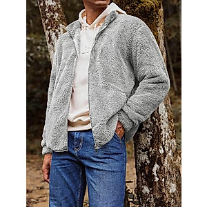 Mens Fuzzy Sherpa Jacket Cardigan Fleece Long Sleeve Full Zip Open Front Thermal Coat Fall Winter Outwear (Medium, Grey)